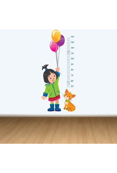 Kt Decoration Sevimli Kedi ve Küçük Kız Boy Ölçer Duvar Sticker