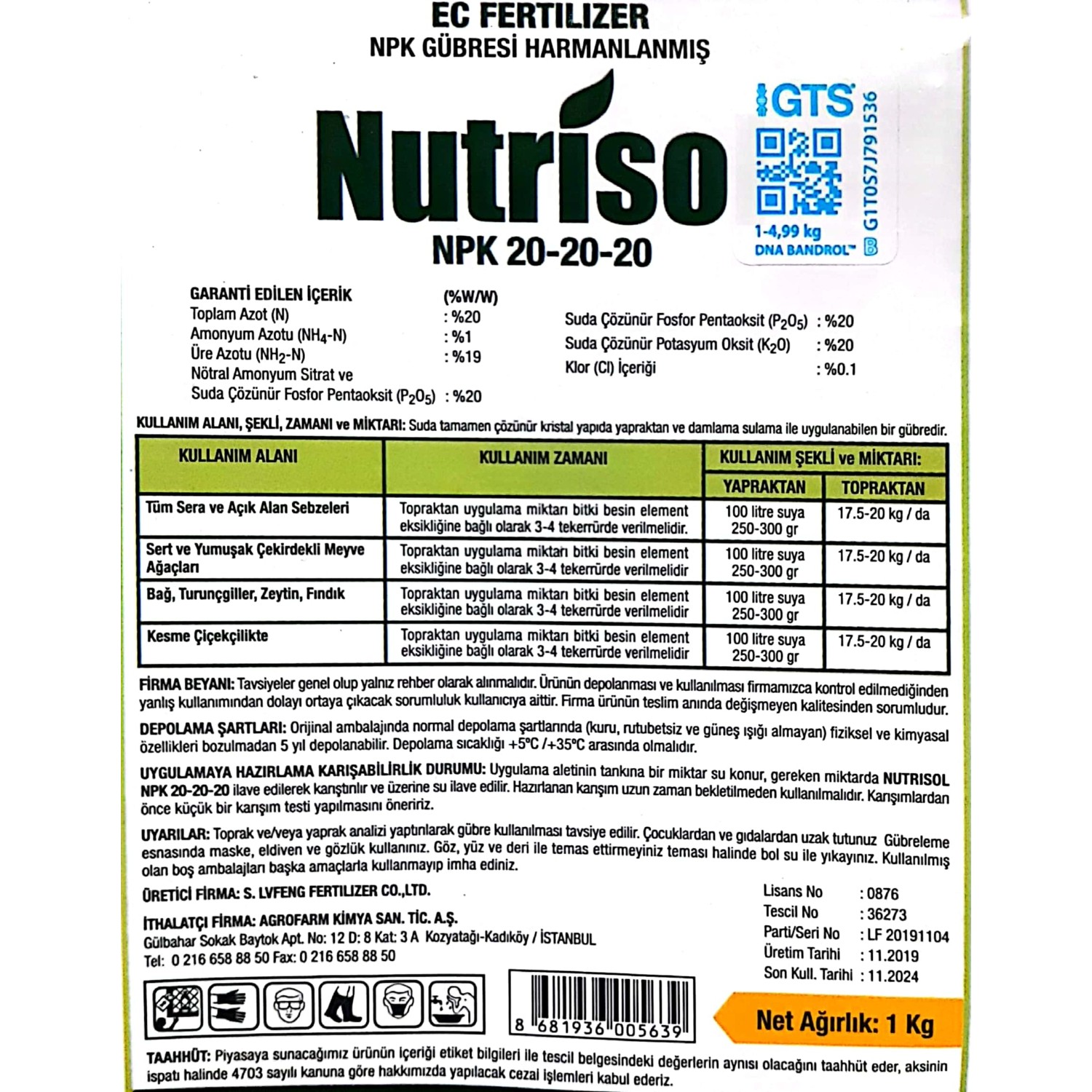 Agrofarm Nutrisol Nutriso (20-20-20 Yaprak Gübresi) Fiyatı