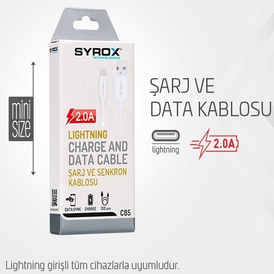 Syrox C85 2.0A 1m Lightning Şarj ve Data Kablosu Beyaz Fiyatı
