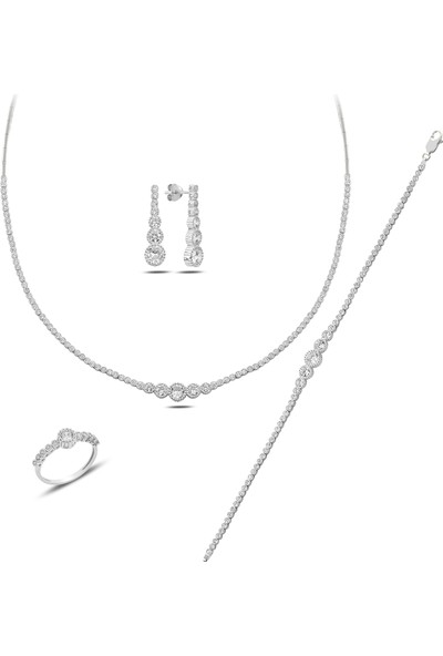 Barış Takı 925 Ayar Gümüş Pırlanta Montür Su Yolu Kolye - Bileklik - Küpe - Yüzük Seti