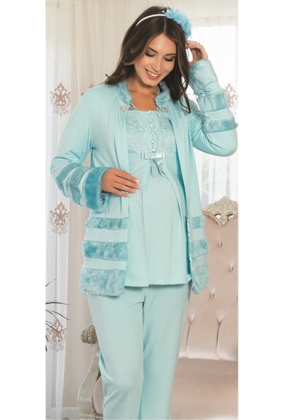 By Mecit 5102 Peluş Detaylı Sabahlıklı Lohusa Takım