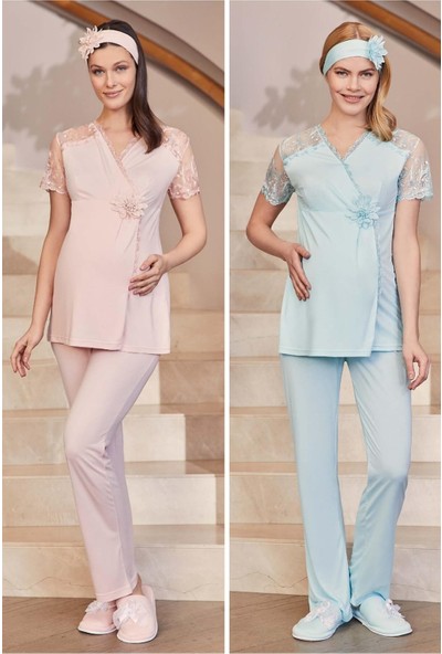 By Mecit 5218 Kruvaze Dantel Kol Lohusa Pijama Takımı By Mecit 5218 Kruvaze Dantel Kol Lohusa Pijama Takımı