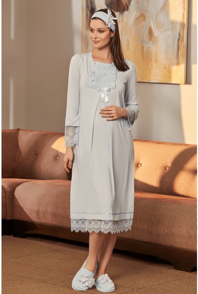 By Mecit 5209 Mavi Uzun Kollu Lohusa Gecelik By Mecit 5209 Mavi Uzun Kollu Lohusa Gecelik