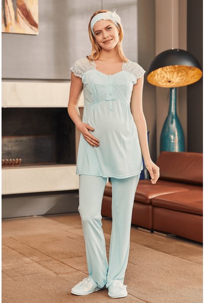 By Mecit 5221 Turkuaz Dantelli Lohusa Pijama Takımı By Mecit 5221 Turkuaz Dantelli Lohusa Pijama Takımı