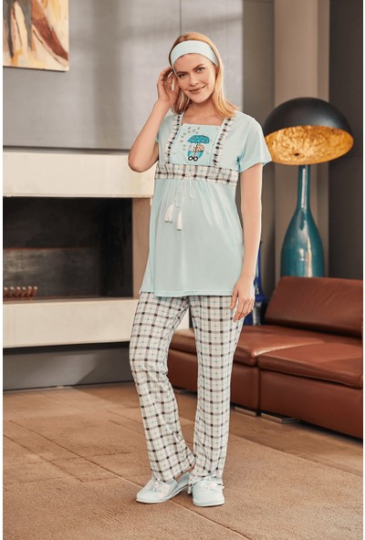 By Mecit 5222 Turkuaz Ekoseli Lohusa Pijama Takımı By Mecit 5222 Turkuaz Ekoseli Lohusa Pijama Takımı