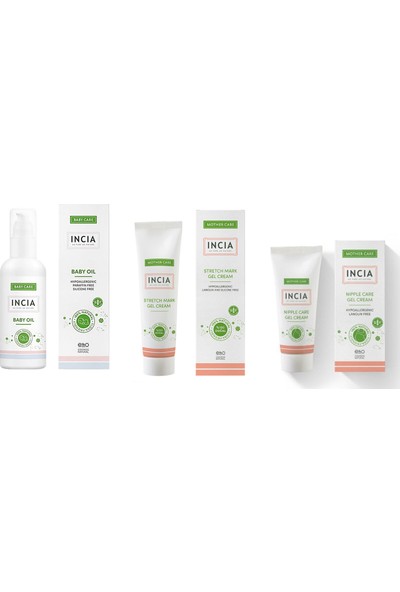 Incia Doğal Bebek Yağı 110 ml +Karın Çatlak Krem Jel Krem 75ML + Göğüs Ucu Bakım Jel Kremi 30 ml Incia Doğal Bebek Yağı 110 ml +Karın Çatlak Krem Jel Krem 75ML + Göğüs Ucu Bakım Jel Kremi 30 ml