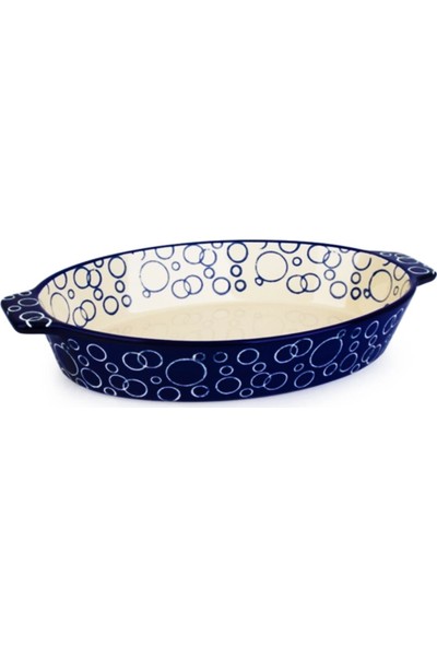 Acar Seramik Elips Çiçek Desen Fırın Kabı - Mavi