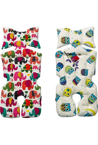 Pamuk Atölyesi Filli ve Baykuşlu Bebek Arabası Minderi - Çift Taraflı