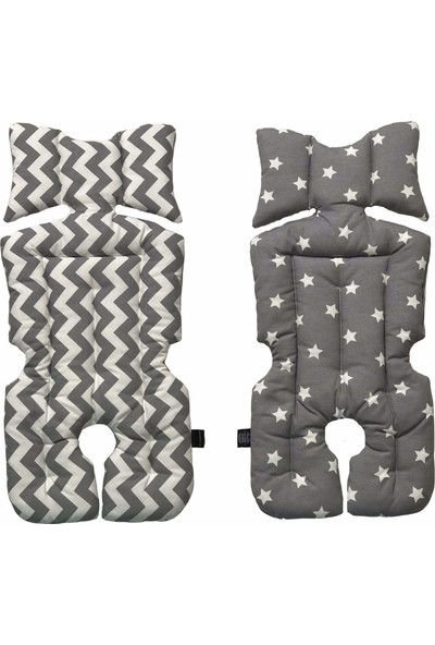 Pamuk Atölyesi Gri Yıldız ve Zikzaklı Bebek Arabası Minderi - Çift Taraflı