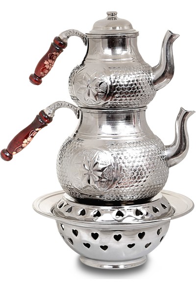 Binbir Bakır El Yapımı Zımba Ocaklı Bakır Çaydanlık Takımı