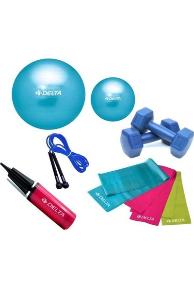 Delta 65-20 cm Pilates Topu 3lü Bandı Atlama İpi Dambıl Pompa Set