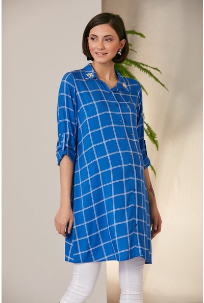 Görsin Ekose Hamile Tunik Saks M