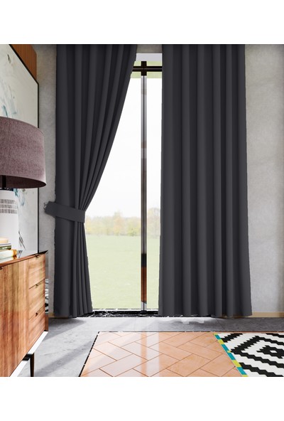 Lüks House Karartma Perde Blackout Fon Perde Koyu Gri Düz Dikim 100 x 240 cm