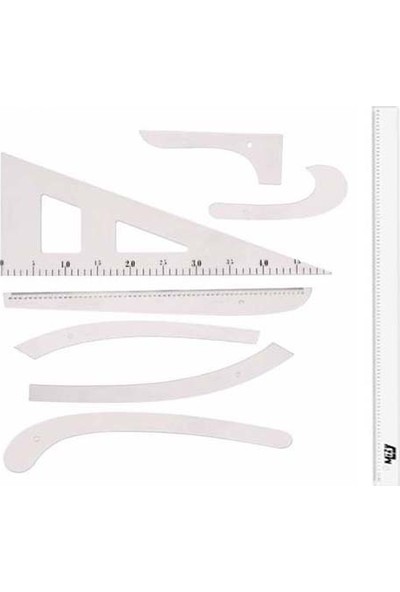 Terzi Modelist Tekstil 8 Parça Plastik Şeffaf Cetvel Riga Gönye Takımı