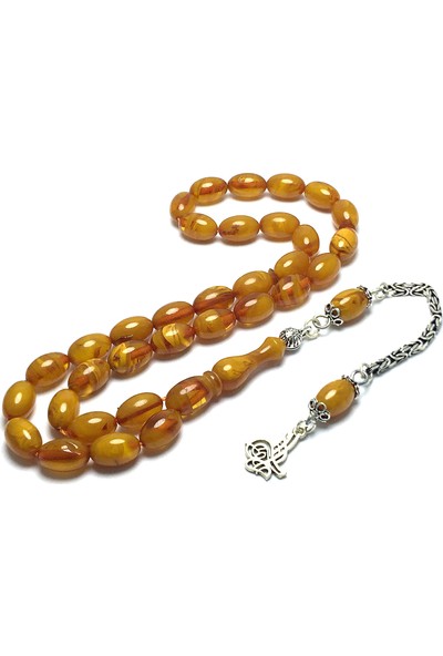 Midyat Nurtaş Gümüş Yumurta Kesim Hareli Sıkma Kehribar Tesbih