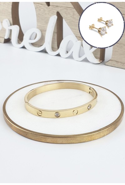 ÇLK Accessories Çelik Taşlı Kelepçe Bileklik (316 Steel) Zirkon Taşlı Küpe