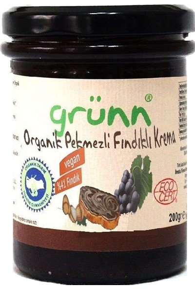 Grünn Organik Pekmezli Fındıklı Krema 200 gr Grünn Organik Pekmezli Fındıklı Krema 200 gr