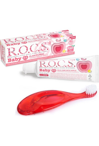 Rocs Baby Elma Püresi Tadında Diş Macunu 45 gr + Kırmızı Diş Fırçası Seti Rocs Baby Elma Püresi Tadında Diş Macunu 45 gr + Kırmızı Diş Fırçası Seti