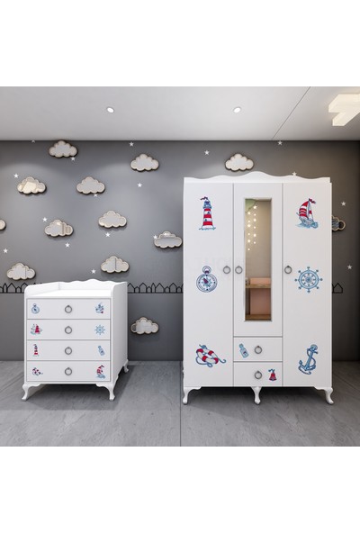 Garaj Home Denizci 3 Kapaklı Dolap + Şifonyer