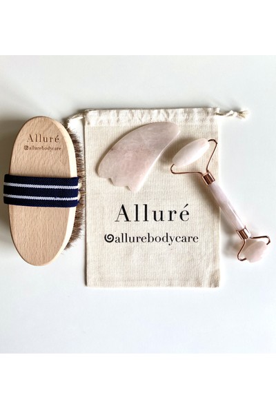 Alluré Doğal At Kılı Fırça, Rose Quartz Face Roller & Gua Sha Cilt Bakım Seti