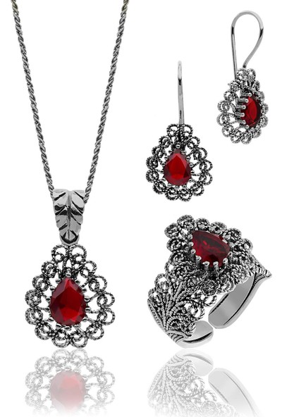 Hicret Kuyumculuk Kök Lal Taşlı Telkari Gümüş Kadın Set