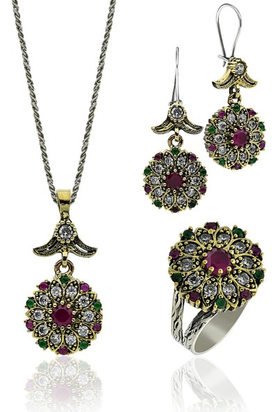 Hicret Kuyumculuk Kök Yakut Taşlı Otantik Gümüş Kadın Set