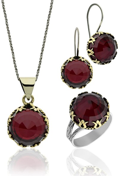 Hicret Kuyumculuk Kök Lal Taşlı Otantik Gümüş Kadın Set