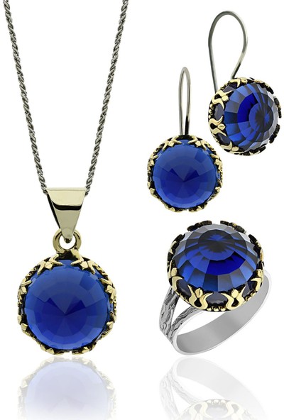 Hicret Kuyumculuk Kök Safir Taşlı Otantik Gümüş Kadın Set