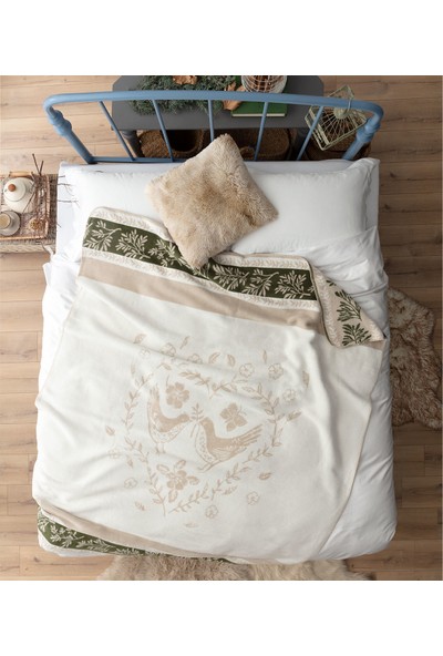 Madame Coco Caille Pamuklu Jakarlı Tek Kişilik Battaniye - Bej / Yeşil