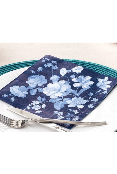 Madame Coco Mavi Çiçek Desenli Peçete - Lacivert