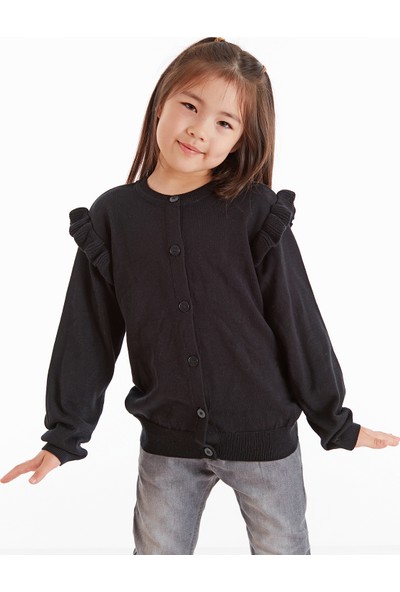 Mushi Omuz Fırfırlı Siyah Kız Çocuk Triko Hırka