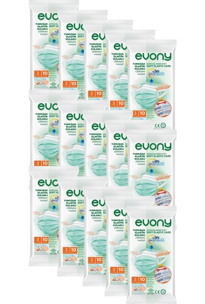 Evony Yumuşak Elastik Kulaklı Maske 10'lu 15 Paket 150 Adet Evony Yumuşak Elastik Kulaklı Maske 10'lu 15 Paket 150 Adet
