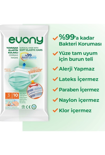 Evony Yumuşak Elastik Kulaklı Maske 10'lu x 24 Paket 240 Adet Evony Yumuşak Elastik Kulaklı Maske 10'lu x 24 Paket 240 Adet
