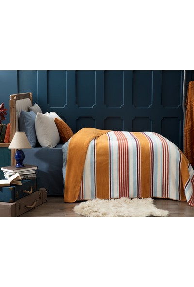 Madame Coco Belle Çizgili Pamuklu Çift Kişilik Battaniye - Hardal