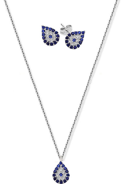 Huarz Minimal Damla Nazar Gümüş Kolye Küpe Set