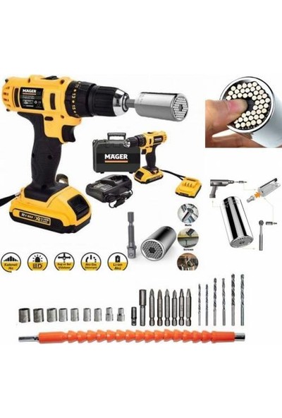 Mager 32 V 5 Ah Darbeli Çift Akülü Metal Şanzuman Özel Taşıma Çantalı Şarjlı Matkap ve Gator Soket + 27 Parça Professional Set Mager 32 V 5 Ah Darbeli Çift Akülü Metal Şanzuman Özel Taşıma Çantalı Şarjlı Matkap ve Gator Soket + 27 Parça Professional Set