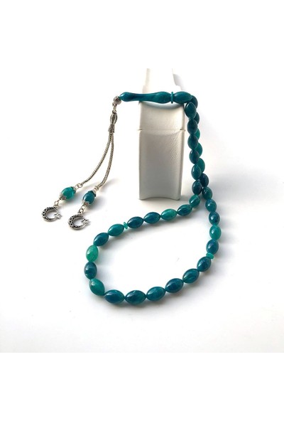 Huzur Tesbih Turkuaz Mavisi Sıkma Kehribar Gümüş Püskül Tesbih