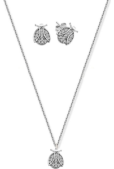 Huarz Minimal Uğur Böceği Gümüş Kolye Küpe Set