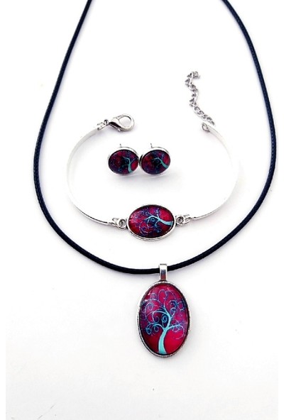 Funny Takı Bordo Hayat Ağacı Kolye Bileklik Küpe Takım