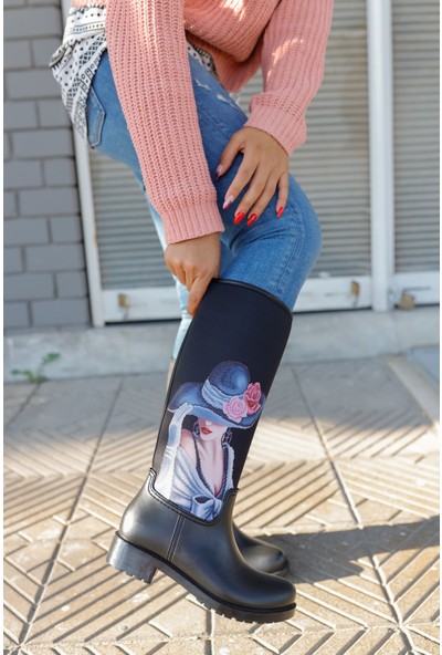 Sea Blue Kadın Della Siyah Yağmur Çizmesi SB20506