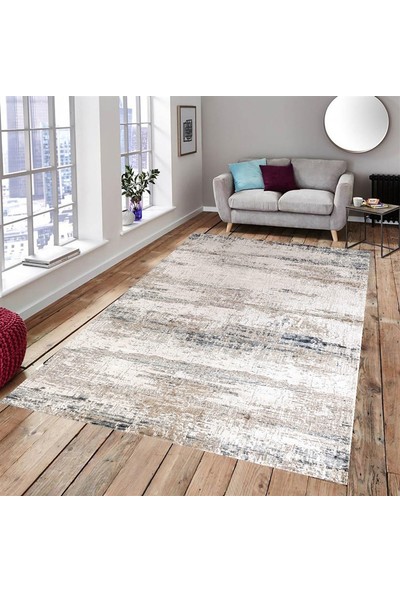 Mutlu Çeyiz Lastikli Kaymaz Yıkanabilir Dijital Baskılı Halı Örtüsü Krem Mavi Beyaz 6m2