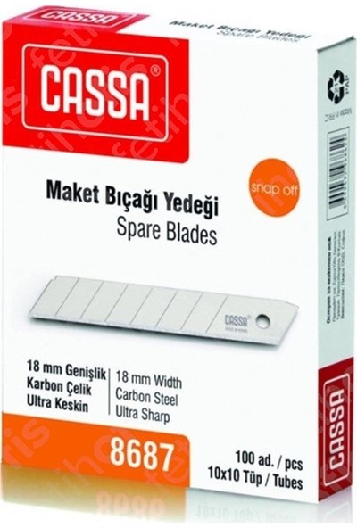 Cassa 8687 Maket Bıçağı Yedeği Geniş 18 mm 100'lü Cassa 8687 Maket Bıçağı Yedeği Geniş 18 mm 100'lü