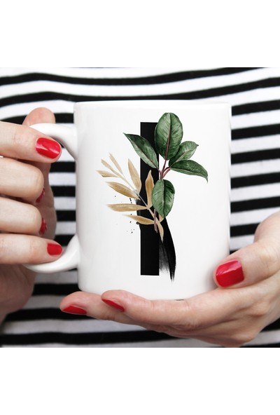 Hediye Sepeti I Harfi Çiçek Tasarım Porselen Kupa Bardak