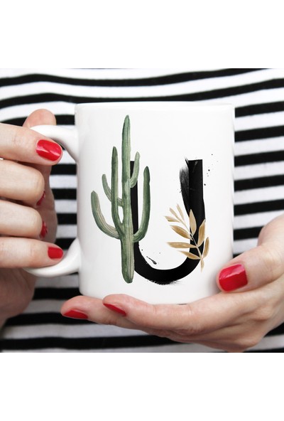 Hediye Sepeti U Baş Harfine Özel Çiçek Tasarımlı Porselen Kupa Bardak