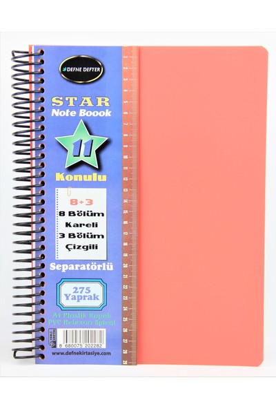 Defne Star Spiralli A4 Plastik Kapak Ayraçlı Defter 8 Kareli+3 Çizgili 275 Yaprak Defne Star Spiralli A4 Plastik Kapak Ayraçlı Defter 8 Kareli+3 Çizgili 275 Yaprak