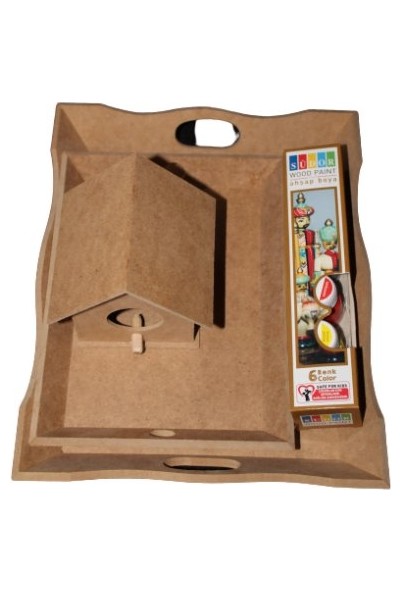 Ahşap Boyama Büyük ve Küçük Tepsi + Kuş Evi + 6 Lı Ahşap Boya