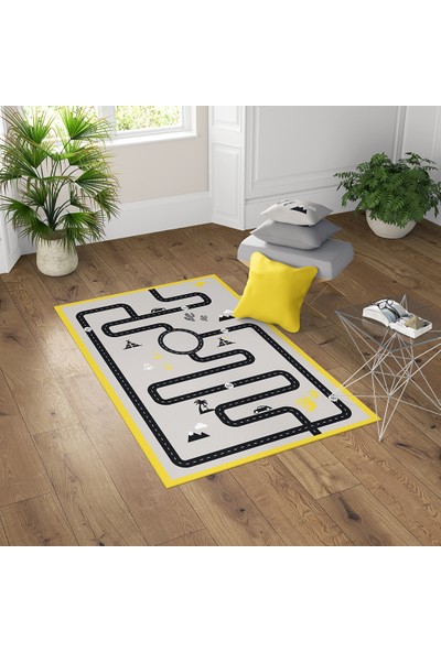 Gardenya Iskandinav Yol Sarı Gri Çocuk Odası Halısı 50 x 80 cm