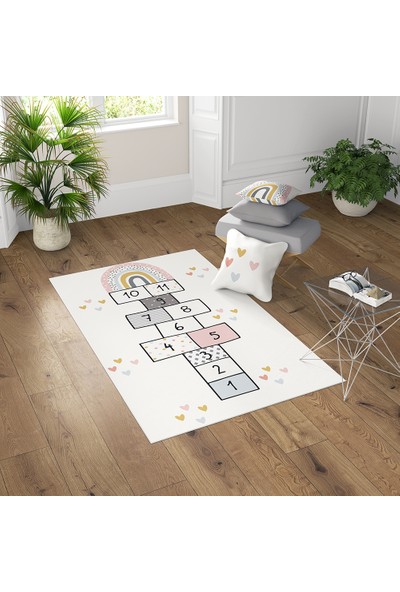 Gradenya Soft Kalpli Gökkuşağı ve Seksek Çocuk Odası Halısı 80 x 150 cm