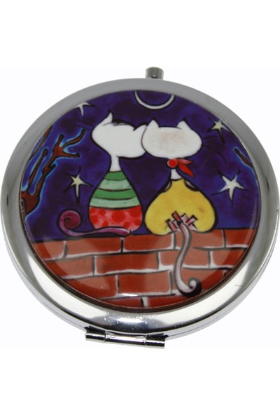 Otantik Çini Ayışığında Romantik Kedile Çanta Aynası