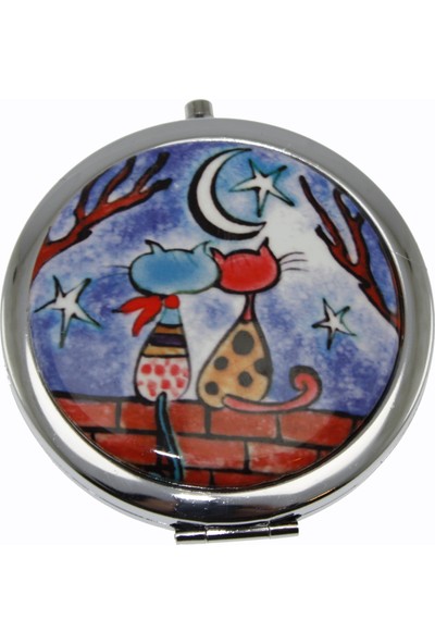 Otantik Çini Ayışığında Romantik Kedile Çanta Aynası